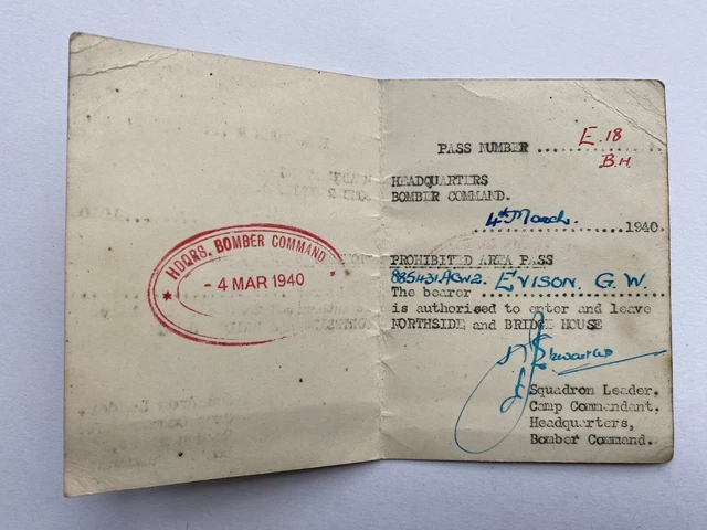 RARE WW2 RAF Bomber Command Headquarters Pass Card Numbered Signed 1940 ...