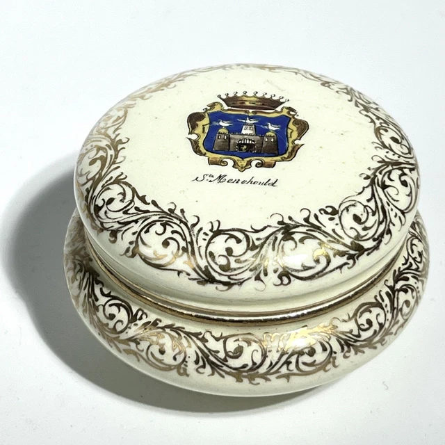 BOITE FAÏENCE SIGNÉ Gustage Asch couronne blason Sainte-Menehould or ...