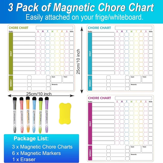 CHORE CHART, 3 Pack Magnetic Chores Chart for Multiple Kids,Dry Erase ...