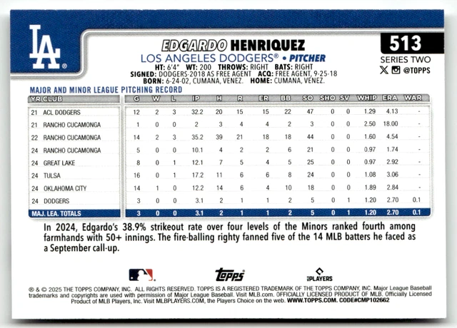 2025 TOPPS MLB Series Two N º 513 Edgardo Henriquez EUR 1,00 - PicClick ES