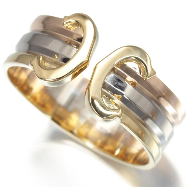 AUTH CARTIER RING 2C Double C C2 3color SM EU49 18K 750 Yellow White ...