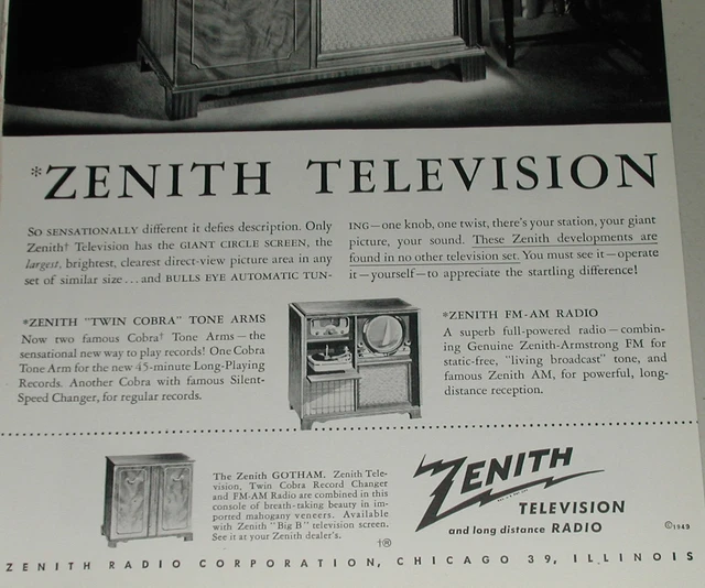 1949 ZENITH TELEVISION advertisement, B&W TV Radio Record player $5.99 ...