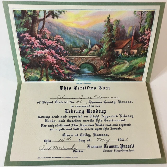CERTIFICATE OF AWARD Library Reading 1938 Colby Kansas Zelma June ...