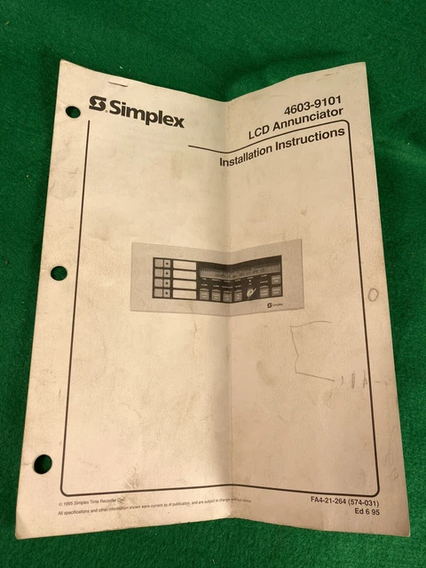 INSTALLATION INSTRUCTIONS FOR SIMPLEX 4603-9101 LCD Annunciator $13.50 ...