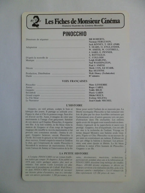 CARTE FICHE CINEMA 1940 PINOCCHIO Walt Disney Marc Lesserre Roger Carel ...