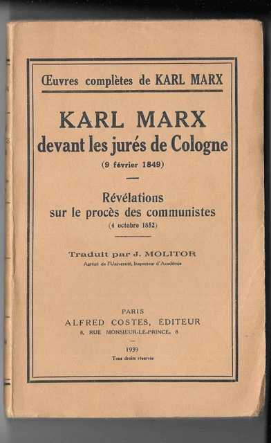 KARL MARX, KARL Marx devant les jurés de Cologne, Costes 1939 EUR 4,40 ...