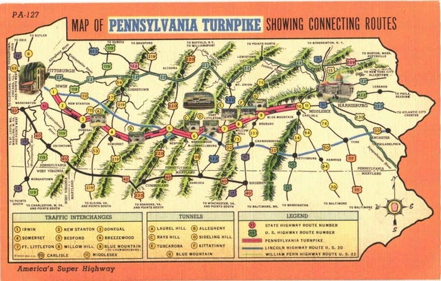 MAP OF PENNSYLVANIA Turnpike Showing Connecting Routes, Super Highway ...