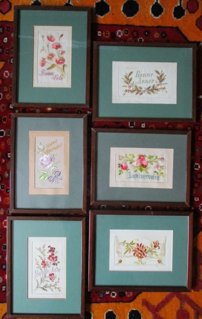 ENSEMBLE DE 6 cartes postales anciennes brodées encadrées, cadres, CPA ...