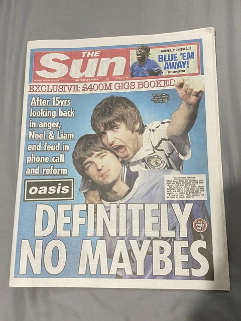 OASIS COMEBACK NEWSPAPER 2024 The Sun £25.00 - PicClick UK