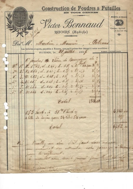 LOT DE 2 factures anciennes - Tonnellerie, foudres, futailles EUR 1,00 ...