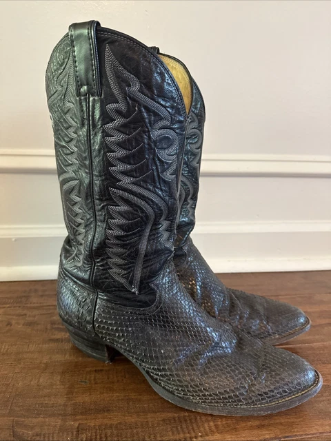 VINTAGE JUSTIN PYTHON Snakeskin Leather Black Cowboy Boots USA Made Men ...