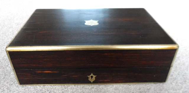 ANTIQUE BRASS BANDED box the wood a dark brown with lighter brown ...