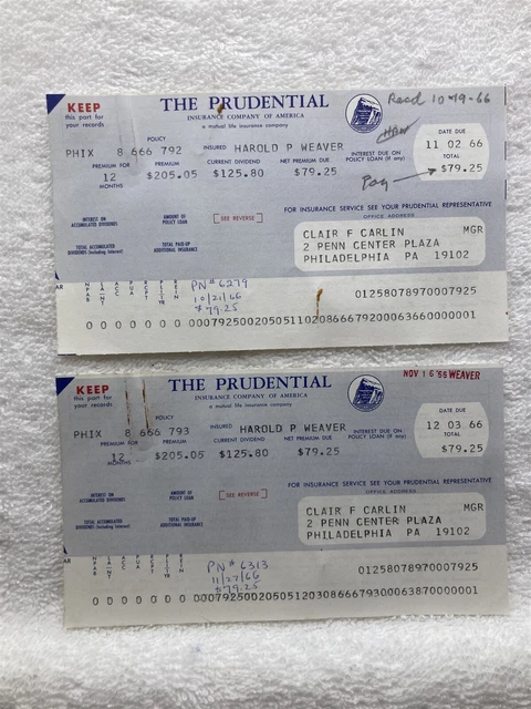 1966 THE PRUDENTIAL Insurance Company of America factures premium ...