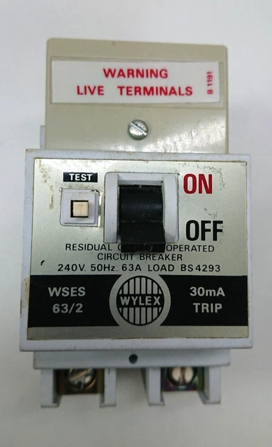 WYLEX WSES 63/2 63 AMP 30mA BS4293 Double Pole RCD Circuit Breaker £13. ...