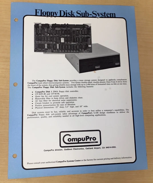 SOUS-SYSTÈME DE DISQUETTE préliminaire Compupro Godbout manuel technique court S100 EUR 15,60 ...