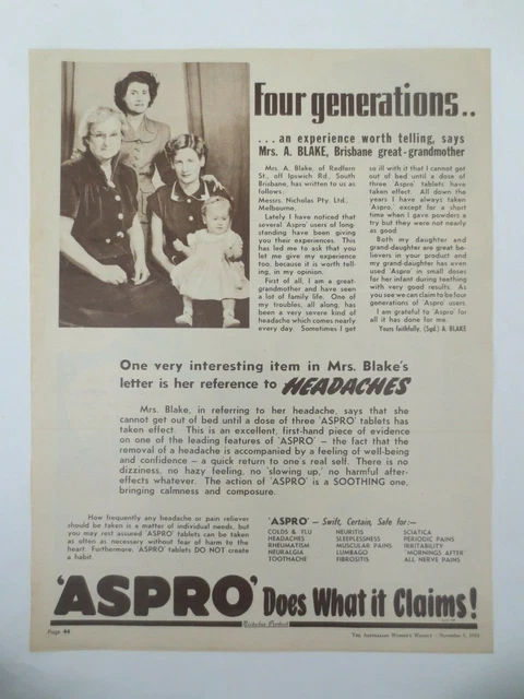VINTAGE AUSTRALIAN ADVERTISING 1952 ad ASPRO PAIN RELIEF TABLETS family ...