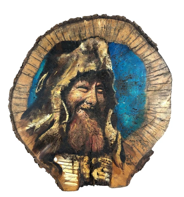 SMILING MAN PAINTED on Tree Slice 1978 Signed Native American Artist ...