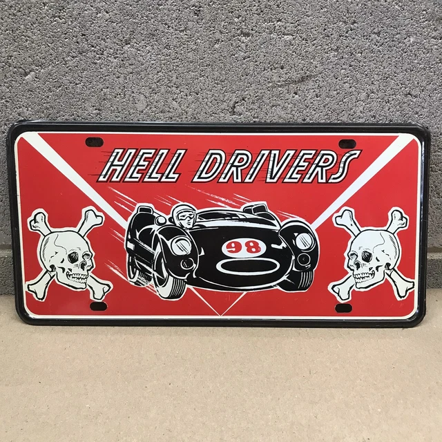 VINTAGE HELL DRIVERS Booster License Plate Auto Daredevil Stunt Drivers ...