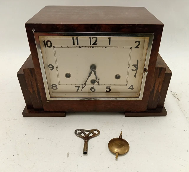 VINTAGE ART DECO Wooden Mantel Clock With Key And Pendulum 13.5" Wide £ ...
