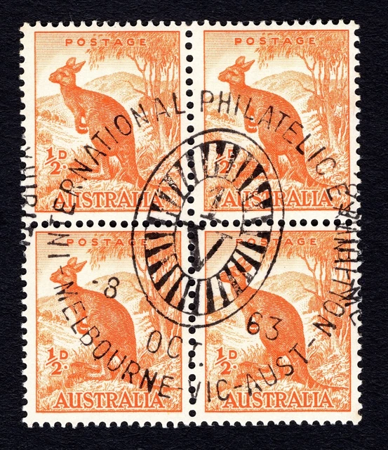 RARE AUSTRALIA 1/2D ROO BLOCK CANCELLED INT. PHILATELIC EXH. MELB. 1963 ...