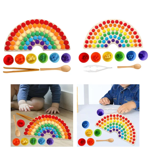 WOODEN RAINBOW PEG Board Montessori Color Counting Matching Game Early ...