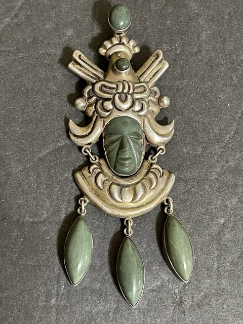 LARGE 1940S MEXICO Sterling Silver and Green Jade Aztec Brooch by ...