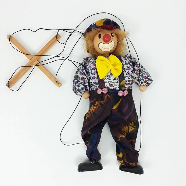 VINTAGE CLOWN MARIONETTE String Puppet Happy Smile Red Nose Wooden Head ...