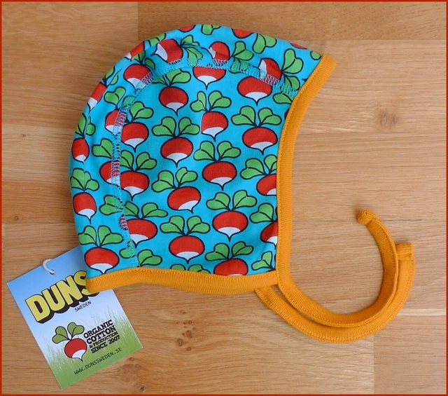 NEW DUNS SWEDEN Radishes Sky Blue Cotton Bonnet/Helmet Hat ~ 12-18 ...