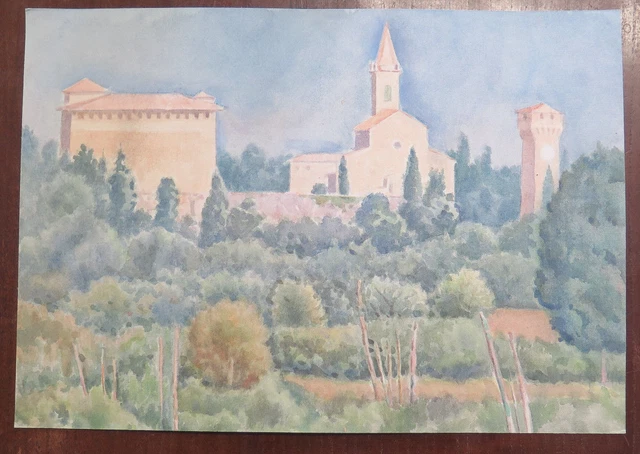 TABLEAU ANCIENNE PEINTURE Aquarelle Sur papier Paysage Vue Campagne Modena P31 EUR 96,08 ...