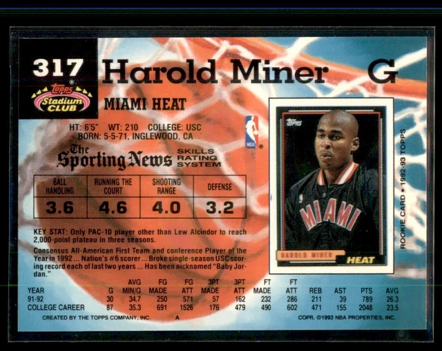 1992-93 STADIUM CLUB Harold Miner recrue Miami Heat #317 EUR 1,33 ...
