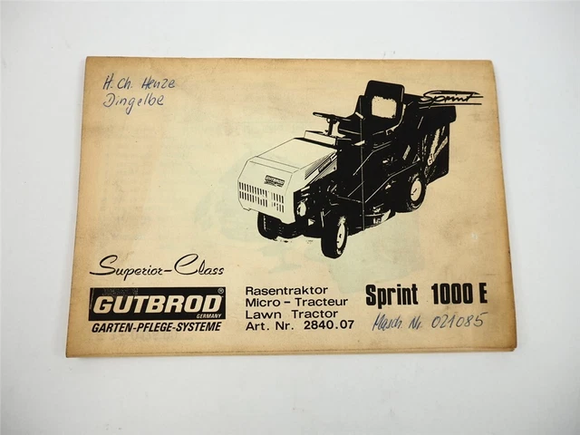 GUTBROD SPRINT 1000E Rasentraktor Ersatzteilliste Spare Parts List EUR ...