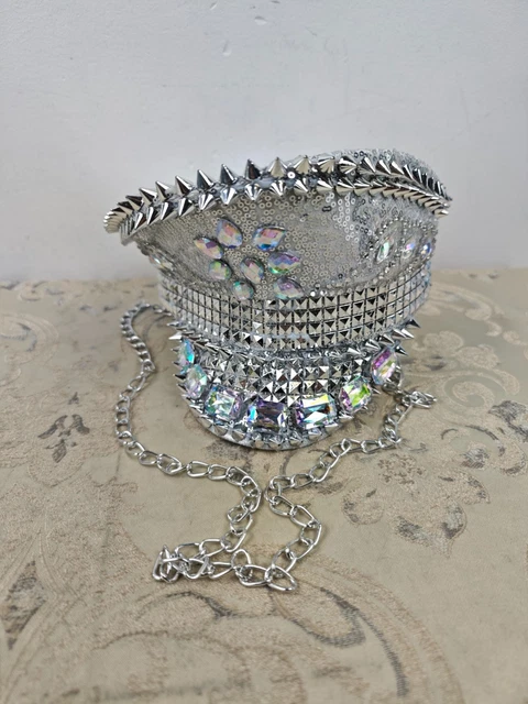 SMIFFYS FEVER DELUXE Sequin Studded Captains Hat, Silver with Chain ...