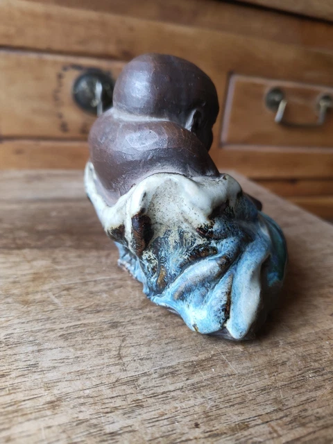 BOUDHA RIEUR EN Terre Cuite, Une Partie Vernissée Bleu EUR 118,00 ...