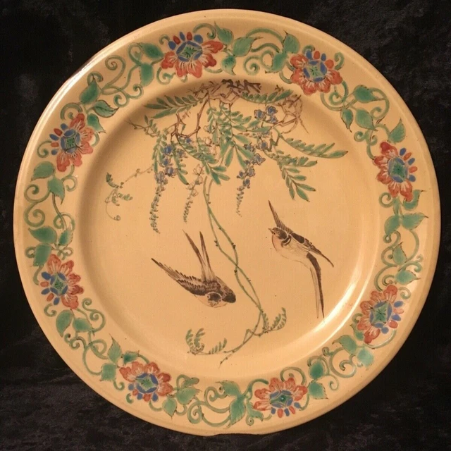 YELLOW ZISHA CLAY Famille Rose Enameled Magpie Whisteria Plate Marked ...