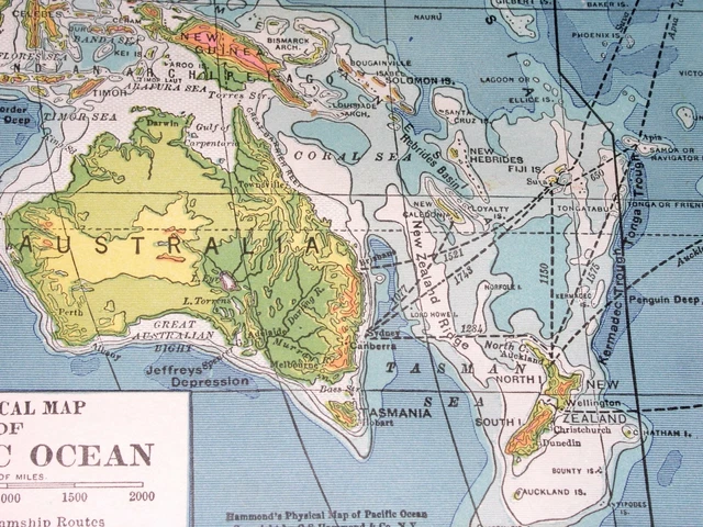 1936 VINTAGE PHYSICAL Map Of The Pacific Ocean / South America ...