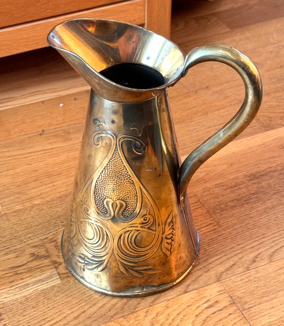 LARGE BRASS ART Nouveau Antique Flower Whiplash Stems Vase Jug Sankey ...