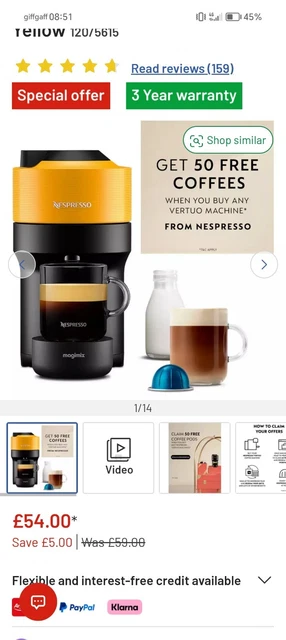 NESPRESSO BY MAGIMIX Vertuo Pop Pod Coffee Machine - Black (11729) £40. ...