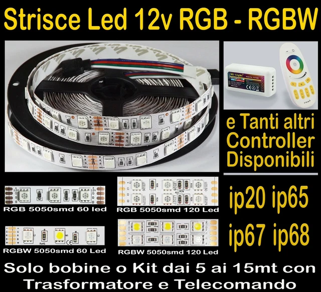 STRISCIA LED 12V RGB, RGBW Kit da 5 10 15 metri Strip, Trasformatori ...