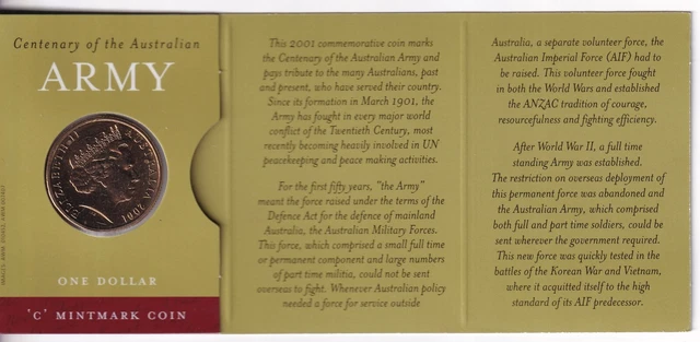 AUSTRALIAN: 2001 $1 Centenary Of The Australian Army C Mintmark Coin On ...