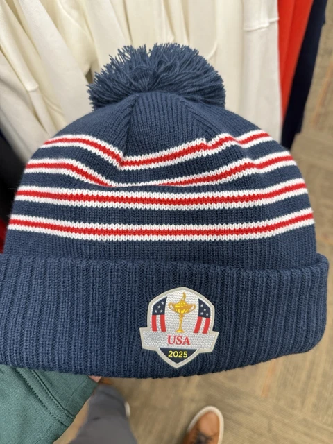 2025 RYDER CUP GOLF TEAM USA RES BLUE POM Stripes Knit NEW ERA WINTER ...