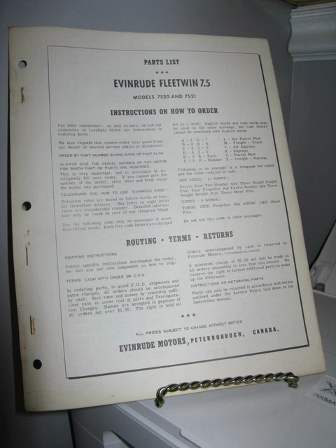 EVINRUDE FLEETWIN 7.5 Outboard Motor Parts List Model 7520 7521 ...