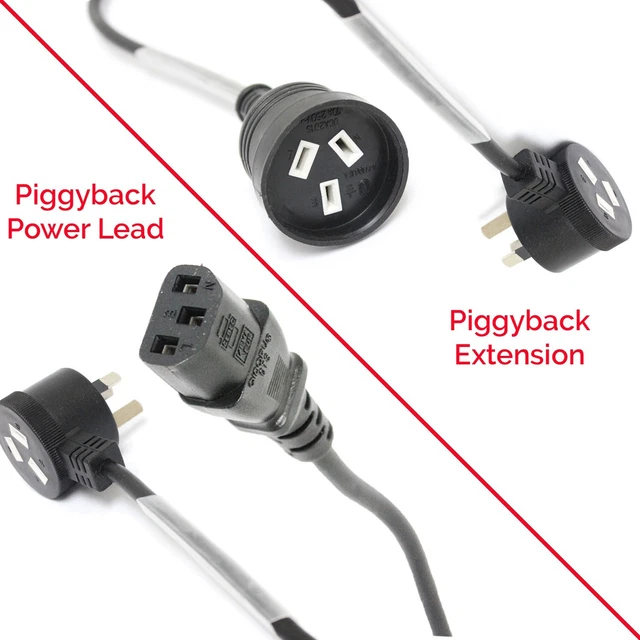 BLACK PIGGYBACK PLUG Main Power Lead/Extension Cord 240V 3Pin 10amp 0. ...