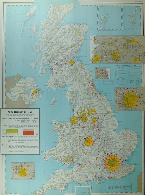 VINTAGE LARGE MAP of BRITAIN NEW HOUSES 1945-58 POPULATION MANCHESTER ...