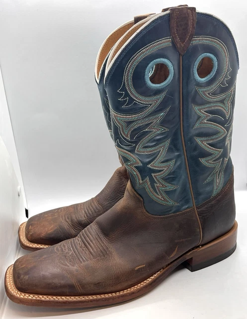 JUSTIN MADE IN USA Square Toe Western Cowboy Brown Blue Leather Boots ...