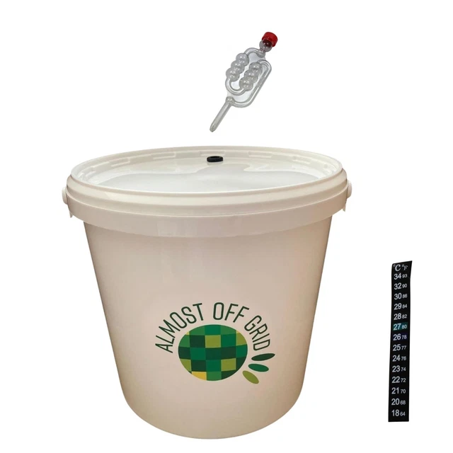 5 LITRE HOMEBREW Bucket with bubbler airlock and thermometer strip £8. ...