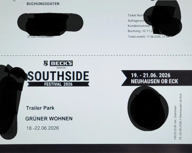 SOUTHSIDE FESTIVAL 2026 Ticket Grüner Wohnen Trailer Park Print@Home ...