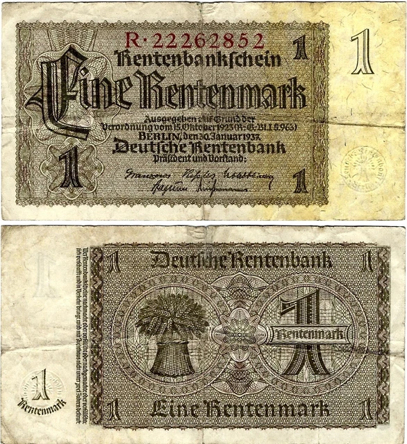 BANKNOTE RENTENBANKSCHEIN 1 Rentenmark 1937 Berlin DEU-222b Ro.166b P ...