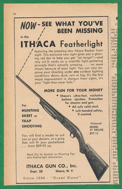 MAGAZINE AD - 1956 - Ithaca Gun Co. - Featherlight Model 37 £7.45 ...