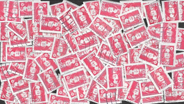 LOT 100 TIMBRES vrac YT 2715 MI 2859A Marianne Briat rouge 2f50 Dentelé ...