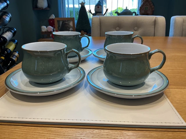 DENBY REGENCY GREEN 4 X Cups And Saucers Stoneware Tableware Excellent ...